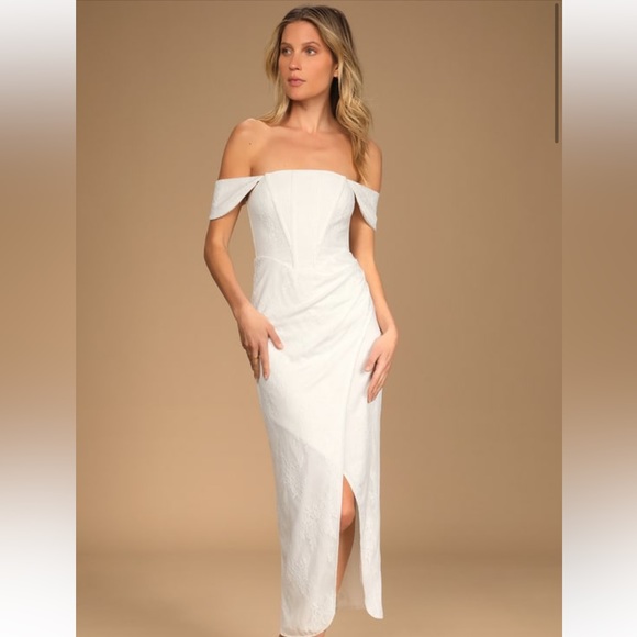 Lulus | Dresses | Lulus Falling For Us White Lace Off The Shoulder Midi ...